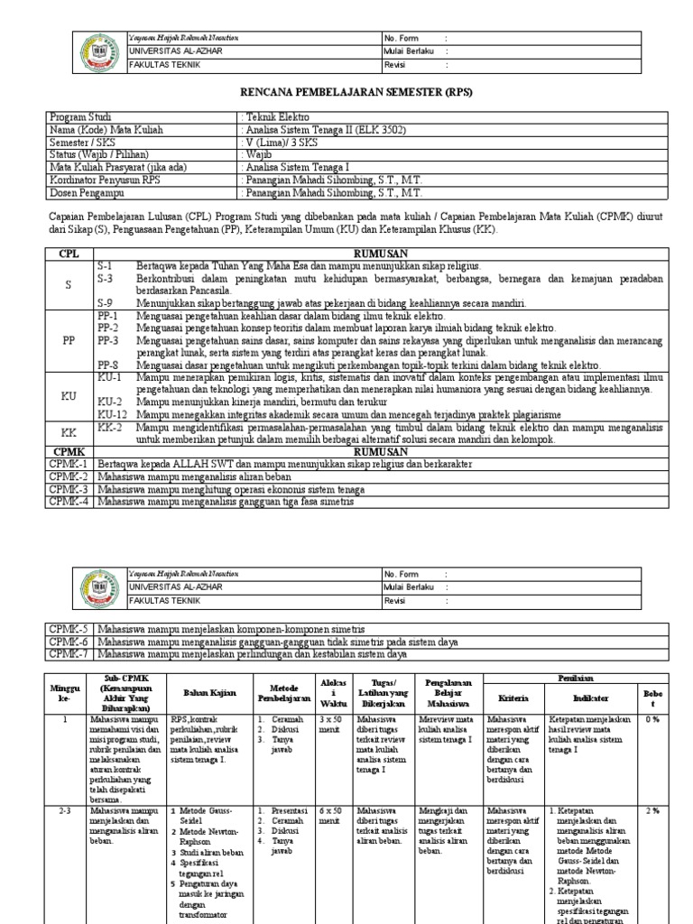 Sem V RPS Analisa Sistem Tenaga Ii 2019 | PDF