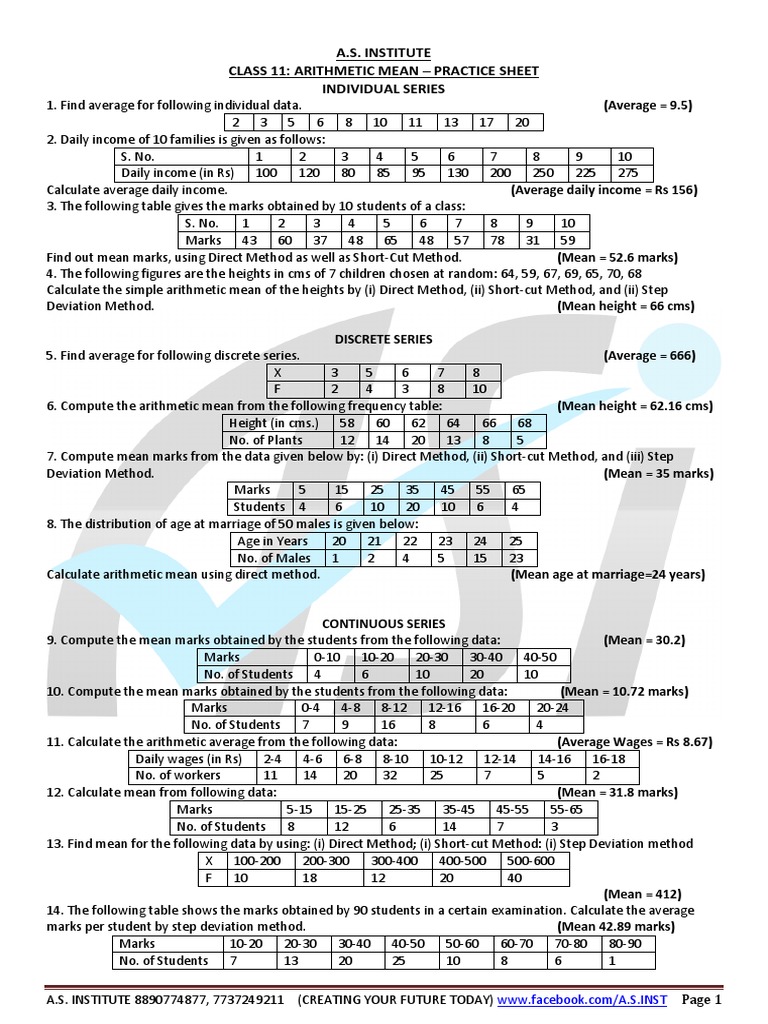 MEAN - Practice Sheet | PDF | Mean | Arithmetic Mean