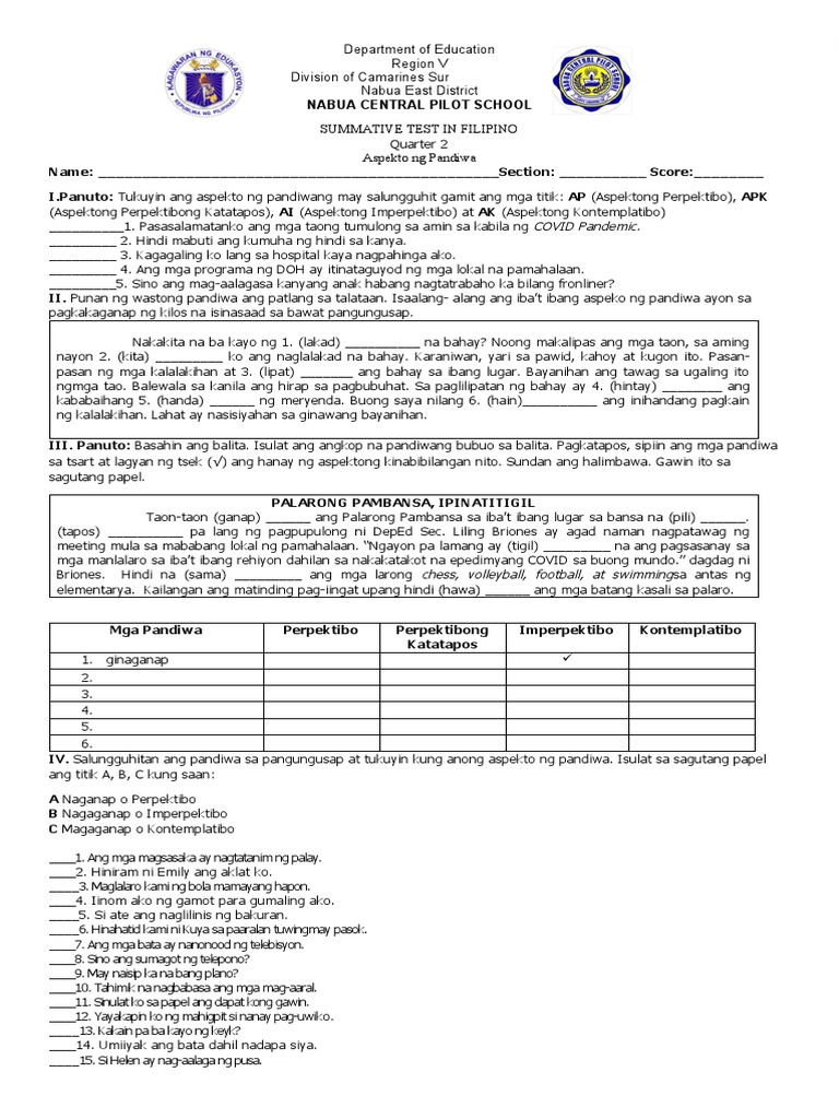 Aspekto NG Pandiwa - Quiz | PDF