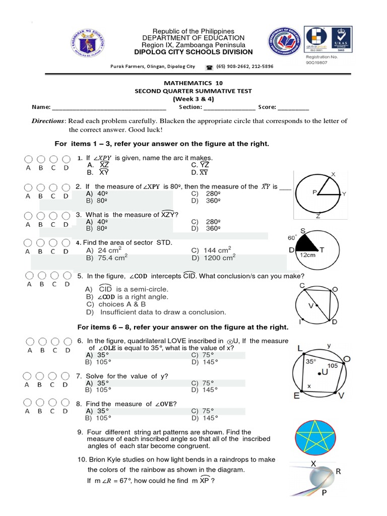 Math 10 Summative Test - Quarter 2 | PDF | Angle | Elementary Geometry
