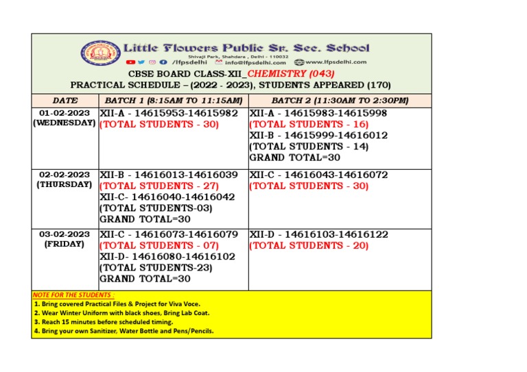 Cbse Board Practical Schedule - XLSX Chemistry | PDF