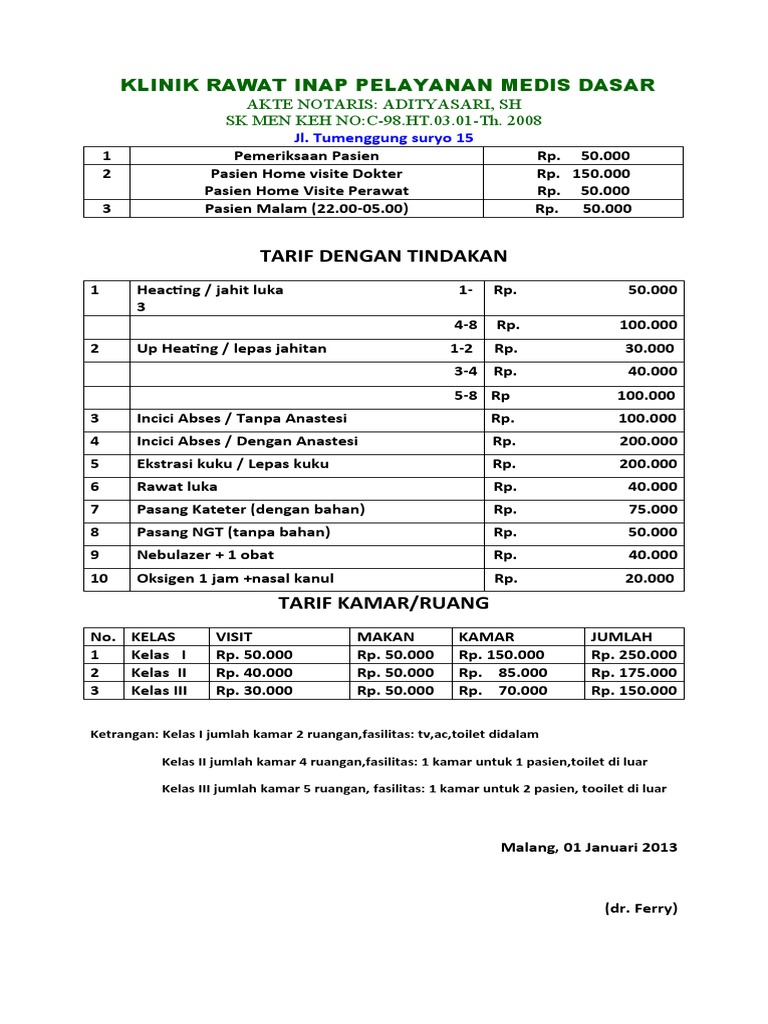 Tarif Dengan Tindakan: Klinik Rawat Inap Pelayanan Medis Dasar | PDF