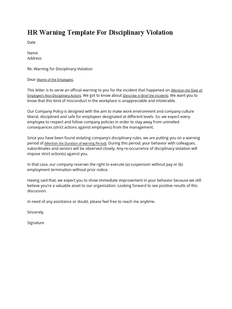 HR Warning Template For Disciplinary Violation | PDF
