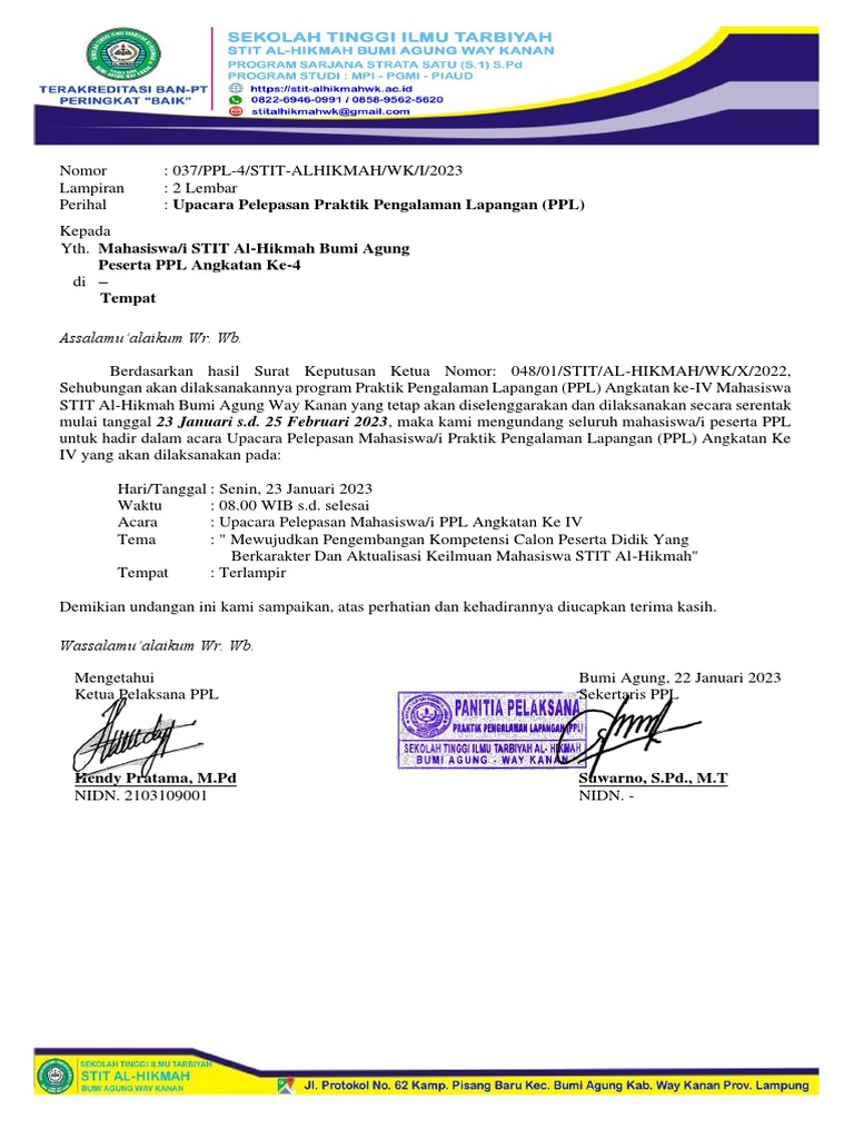 Surat Undangan Pelepasan PPL Mahasiswa | PDF