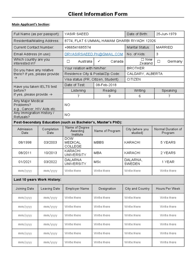 Client Information Form (Fillable) - Applicant | PDF | International ...