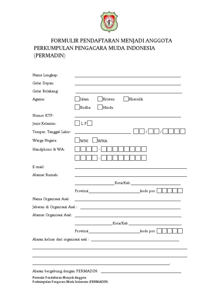 Formulir Menjadi Anggota Baru Permadin | PDF