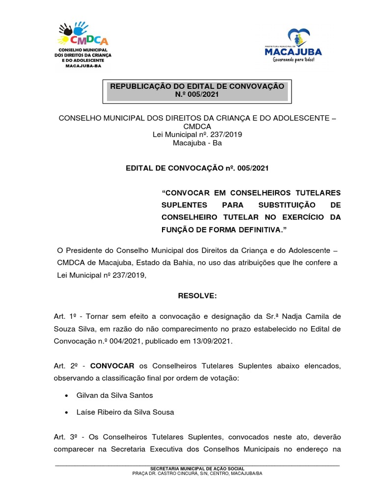 Convocação Do Suplente para Conselho Tutelar | PDF | Justiça | Crime e ... Convocação Do Suplente para Conselho Tutelar | PDF | Justiça | Crime e ...