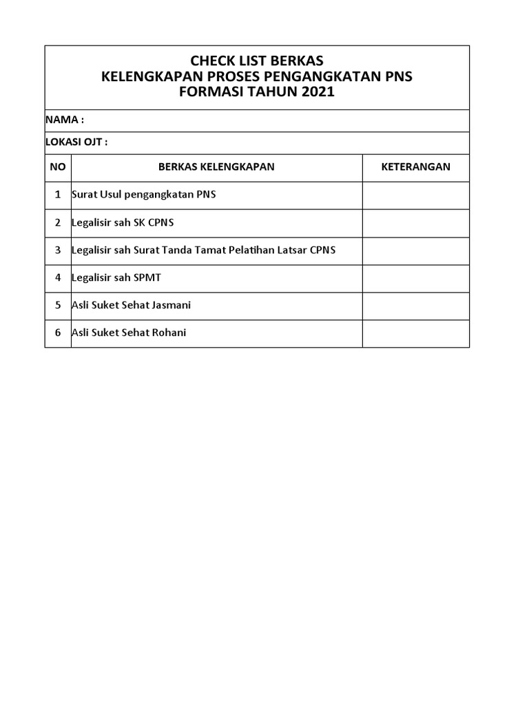 Check List Kelengkapan Berkas Pns Tahun 2021 | PDF