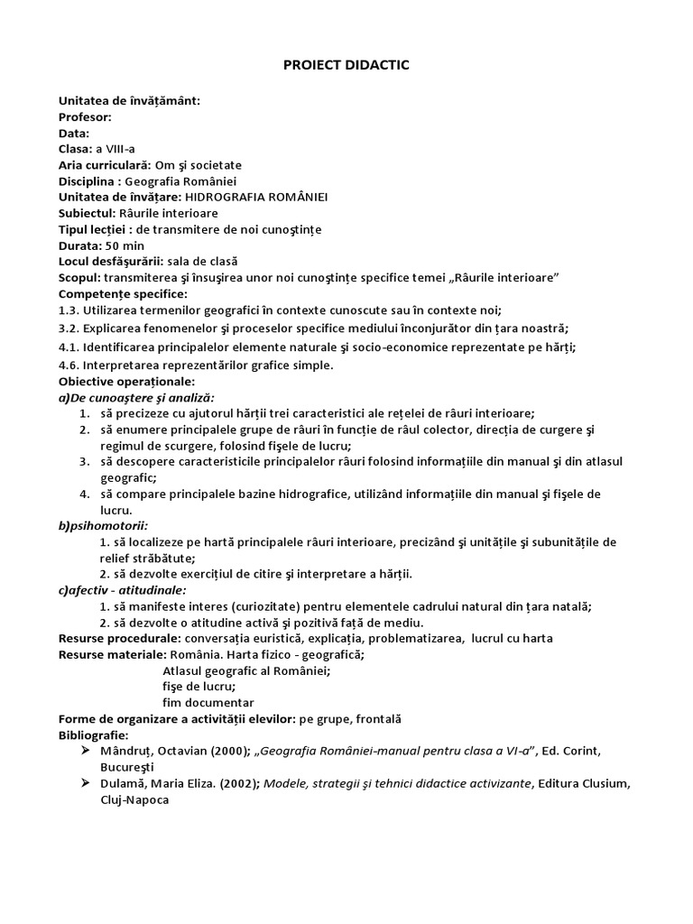 Proiect Didactic Raurile Romaniei | PDF