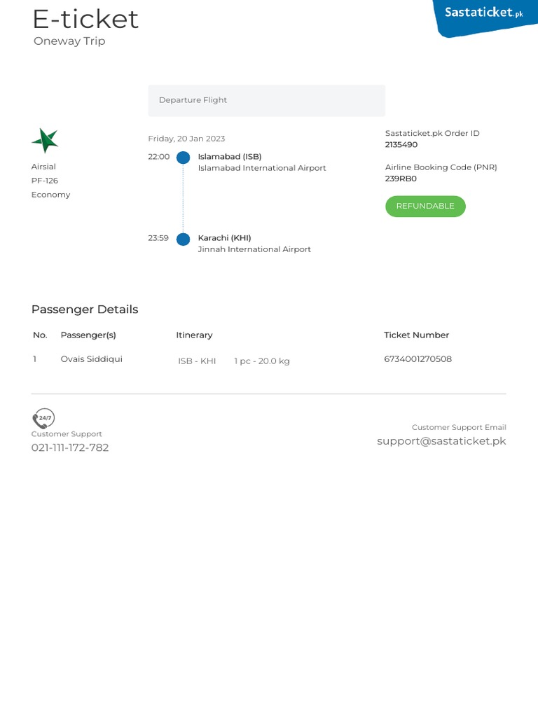 E-Ticket for Airsial Flight ISB to KHI | PDF