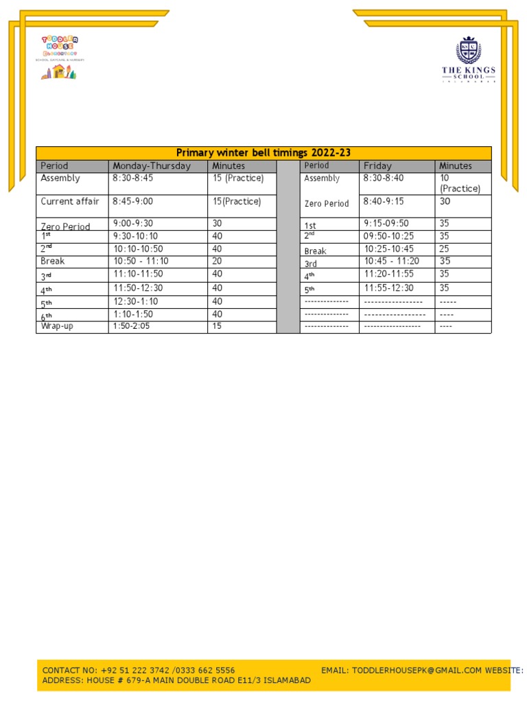 Primary Winter Bell Timings | PDF