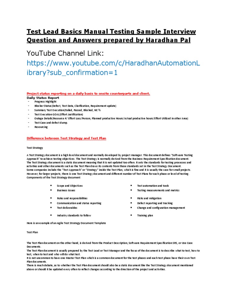 Test Lead Basics Sample Interview Question and Answers | PDF | Risk ...