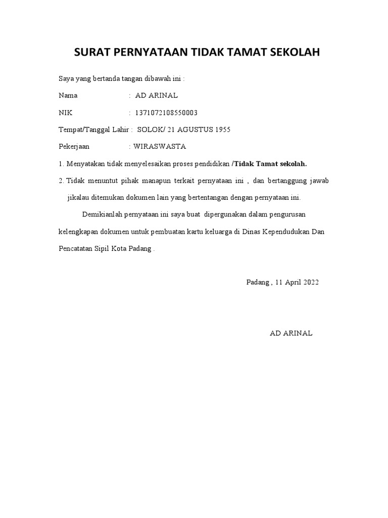 Surat Pernyataan Tidak Tamat Sekolah Apa | PDF
