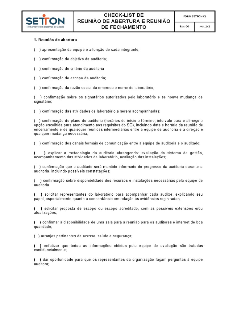 Check-list de Reuniões de Auditoria | PDF | Auditoria