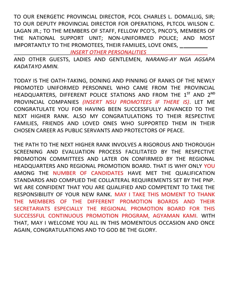 Welcome Remarks Oath Taking and Doning of Ranks | PDF