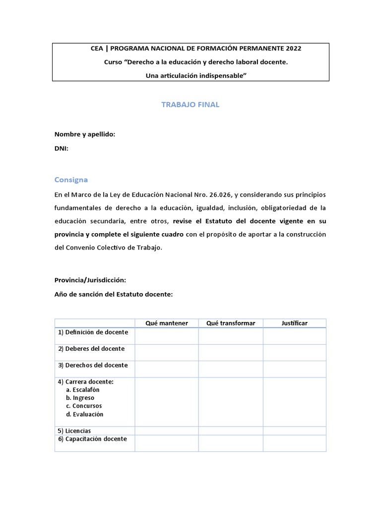 Consigna Trabajo Final - Curso Derecho A La Ed | PDF | Finanzas y dinero