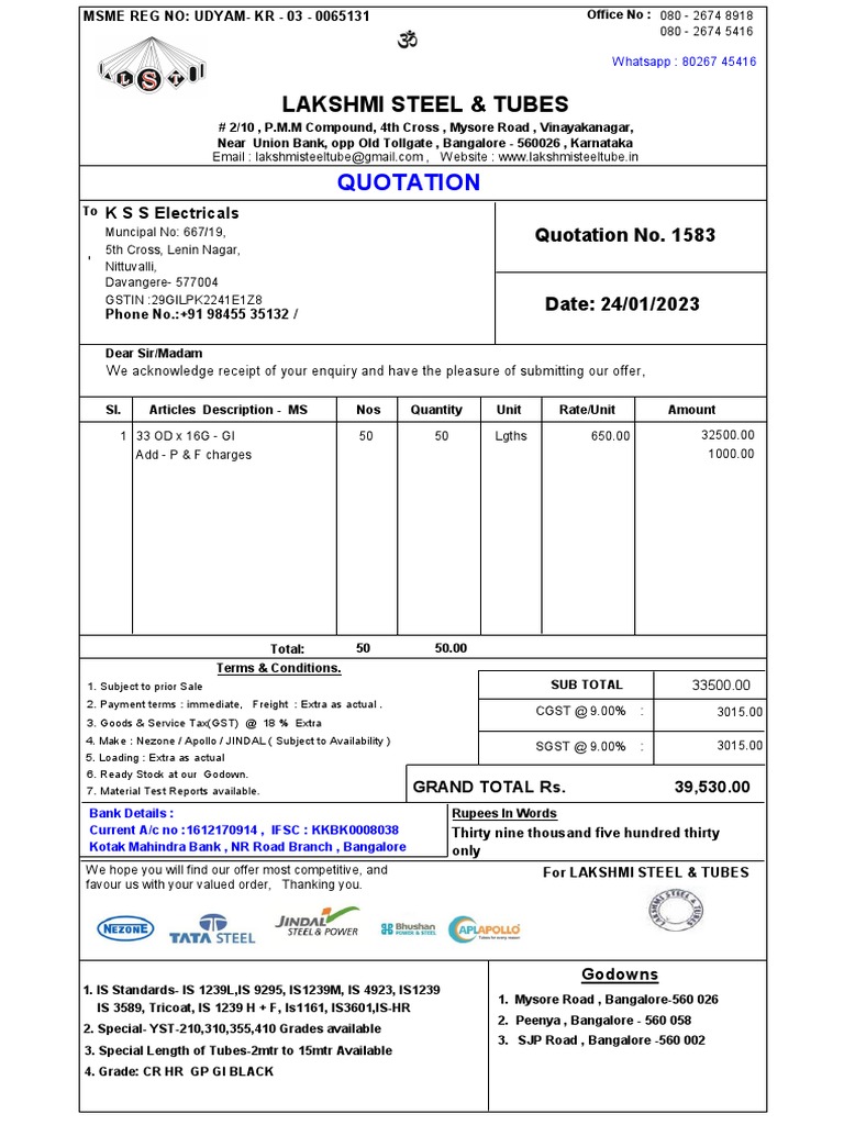 Quotation: Lakshmi Steel & Tubes | Download Free PDF | Taxation ...