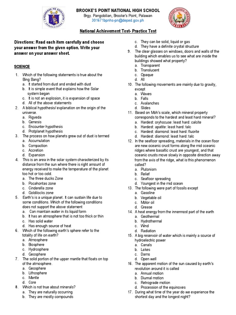 BPNHS NAT Practice Test | Download Free PDF | Cell (Biology) | Water