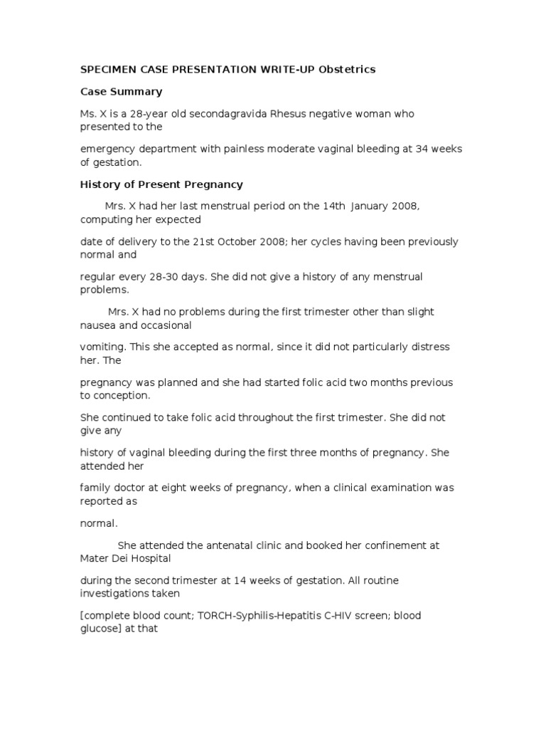 Specimen Case Presentation Write-Up Obstetrics Case Summary | PDF ...