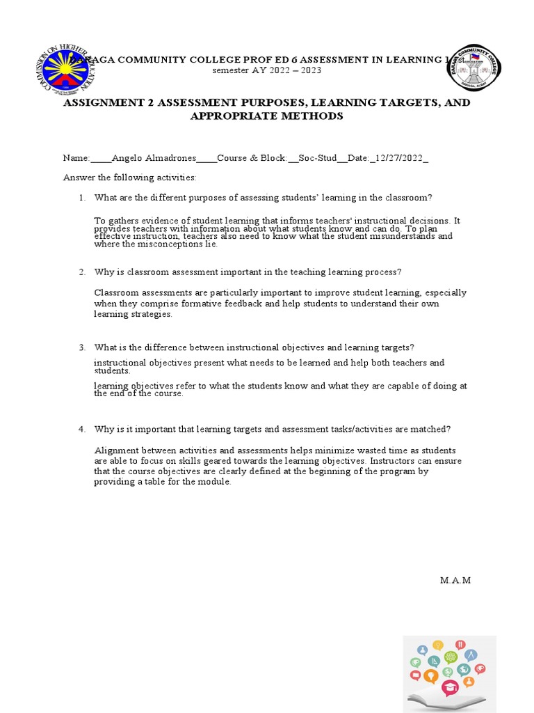 Assignment 2 Assessment Purposes, Learning Targets, and Appropriate Methods | PDF