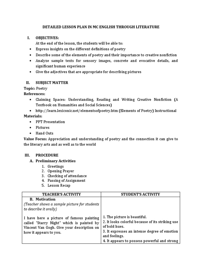 MC ENGLISH 102 - Lesson Plan | PDF | Poetry | Paintings