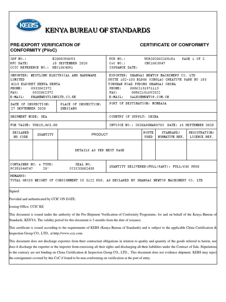 Standardization in Kenya: Pre-Export Verification of Conformity ...