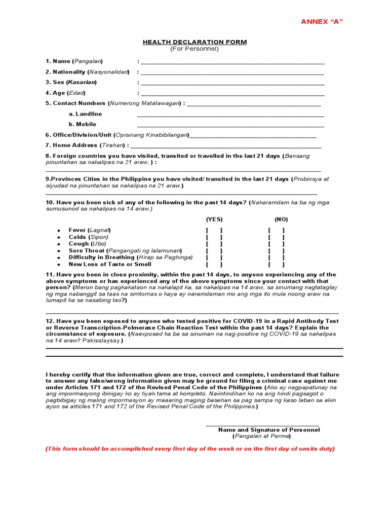 HEALTH DECLARATION FORM - Annex A | PDF | Health Sciences | Immunology