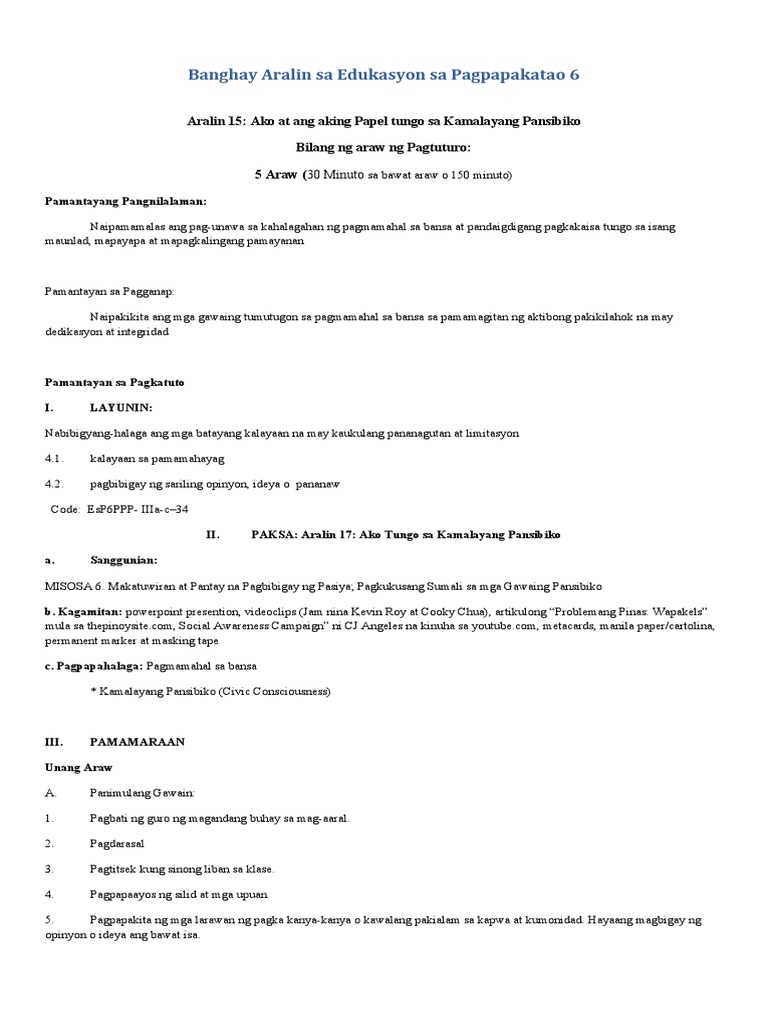 Banghay Aralin Sa Edukasyon Sa Pagpapakatao 6 Q3 Aralin 15 | PDF