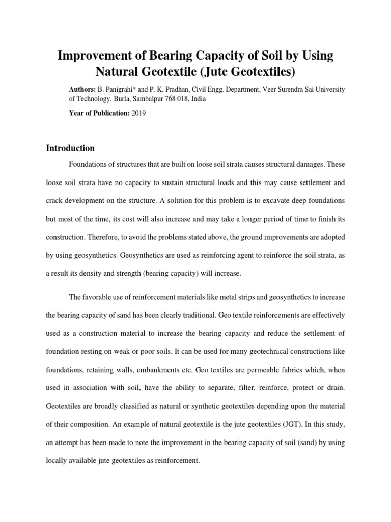 Improvement of Bearing Capacity of Soil by Using Natural Geotextile ...