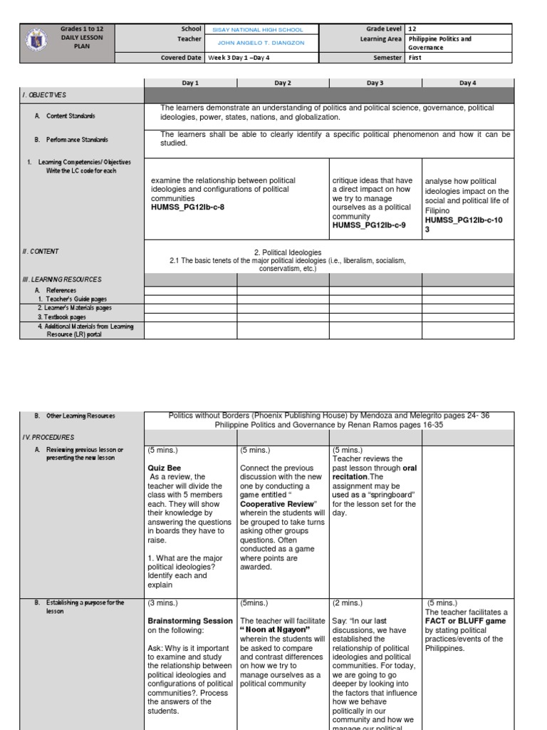 Daily Lesson Plan: Philippine Politics | PDF | State (Polity) | Ideologies
