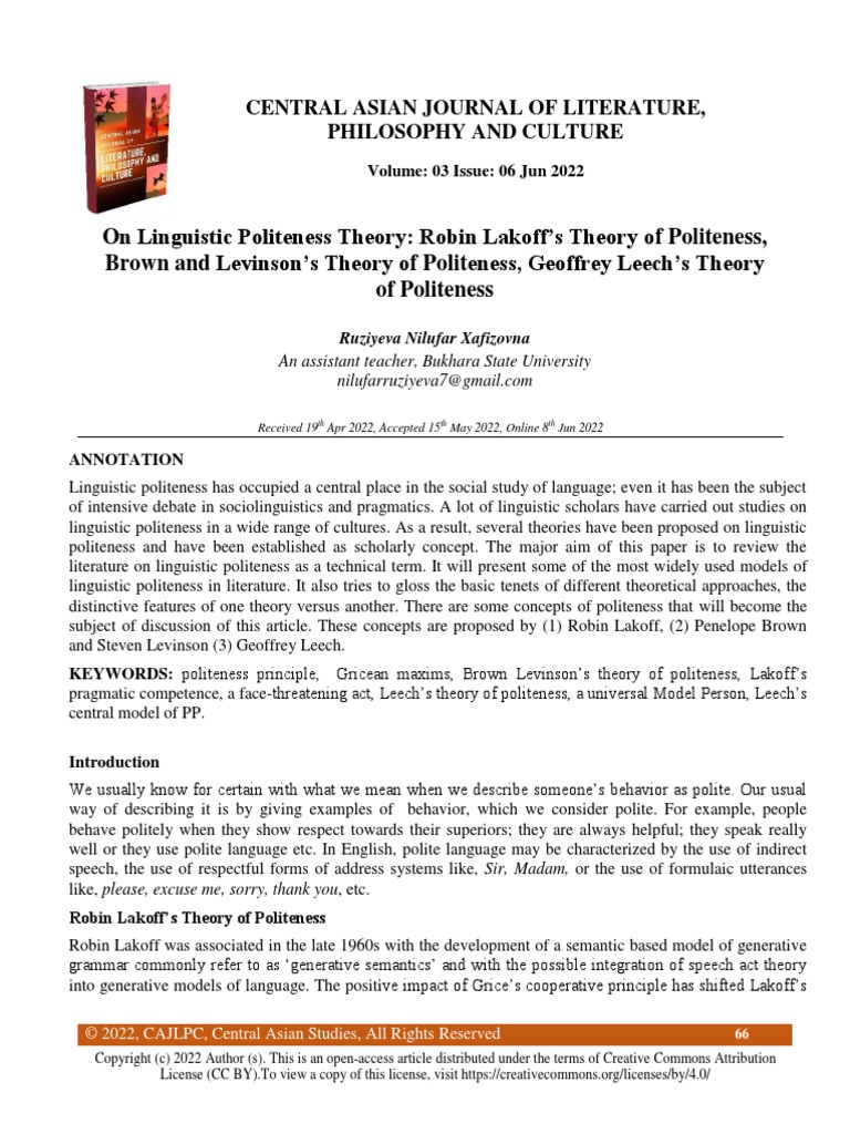 On Linguistic Politeness Theory: Robin Lakoff's Theory of Politeness ...