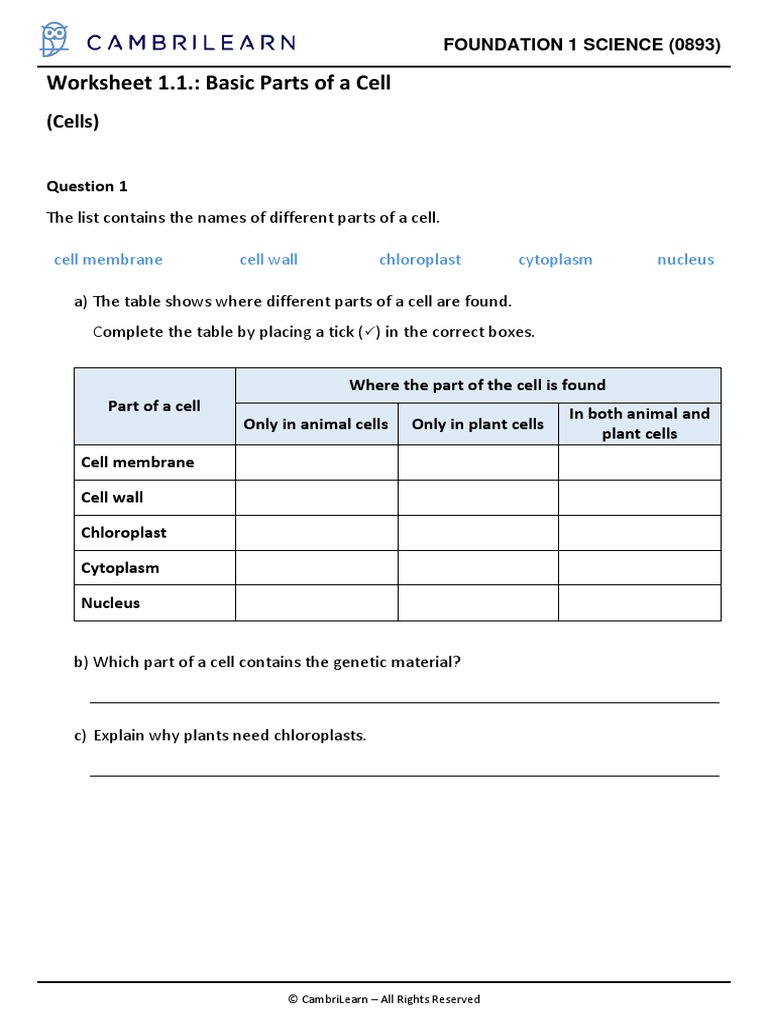 Worksheet 1.1 - Basic Parts of A Cell | PDF | Wellness | Science ...