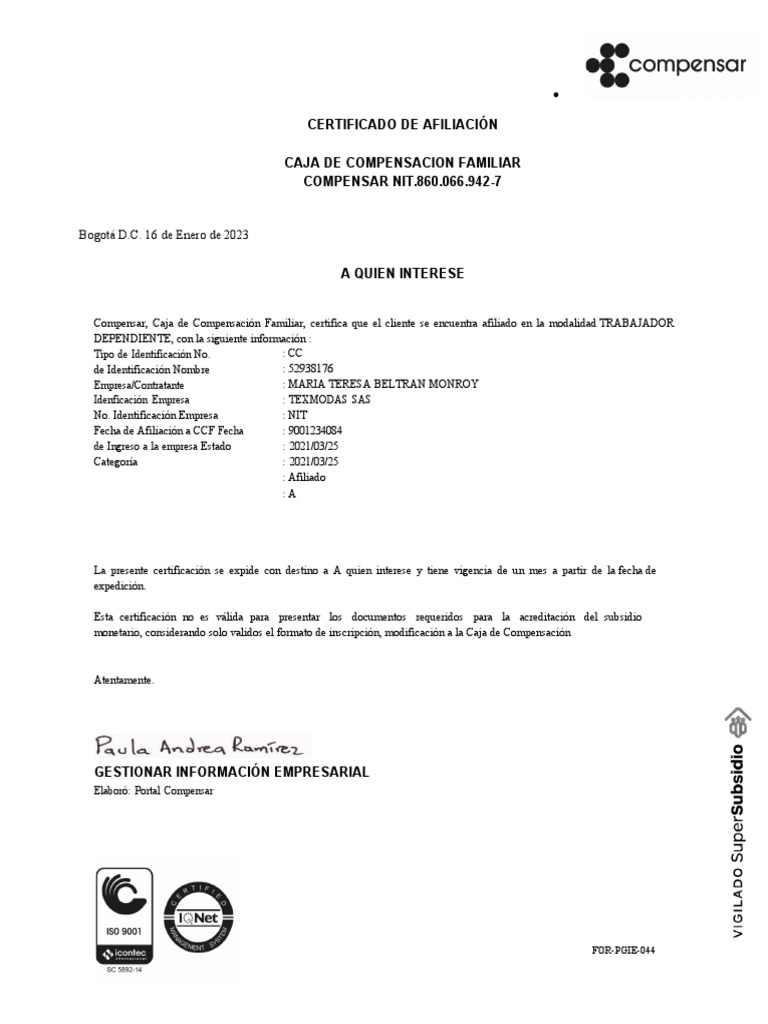Certificacion Compensar Monroy | PDF