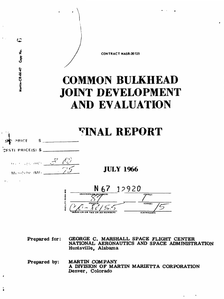 (NASA-CR-80155) Common Bulkhead Joint Development and Evaluation Final ...