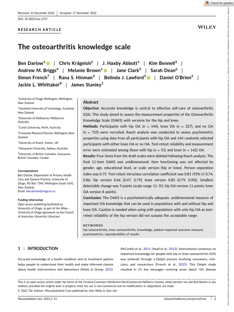 Musculoskeletal Care - 2022 - Darlow - The Osteoarthritis Knowledge ...