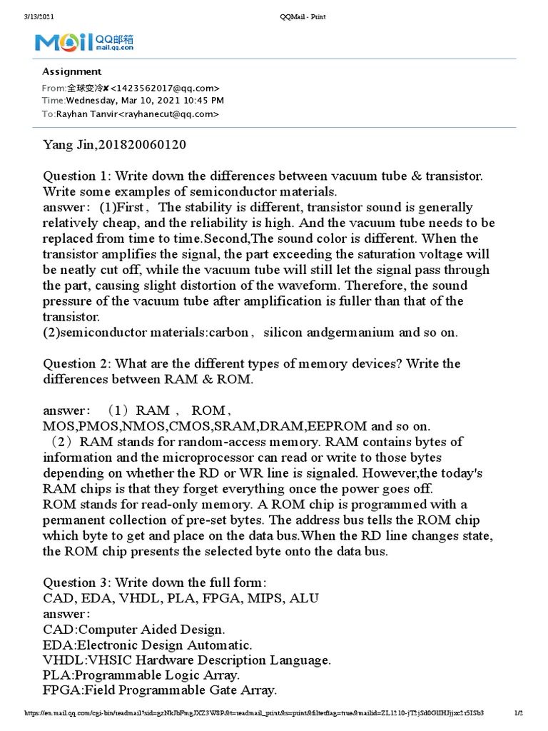 Assignment: Wednesday, Mar 10, 2021 10:45 PM | PDF | Random Access Memory | Read Only Memory