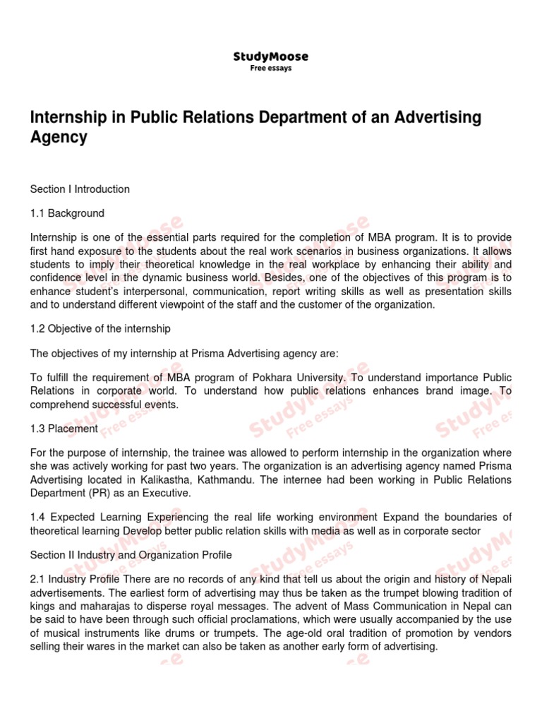 Internship in Public Relations Department of An Advertising Agency ...