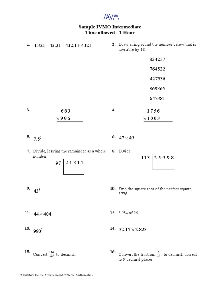 Intermediate IVMO Sample 1 | PDF | Equations | Line (Geometry)