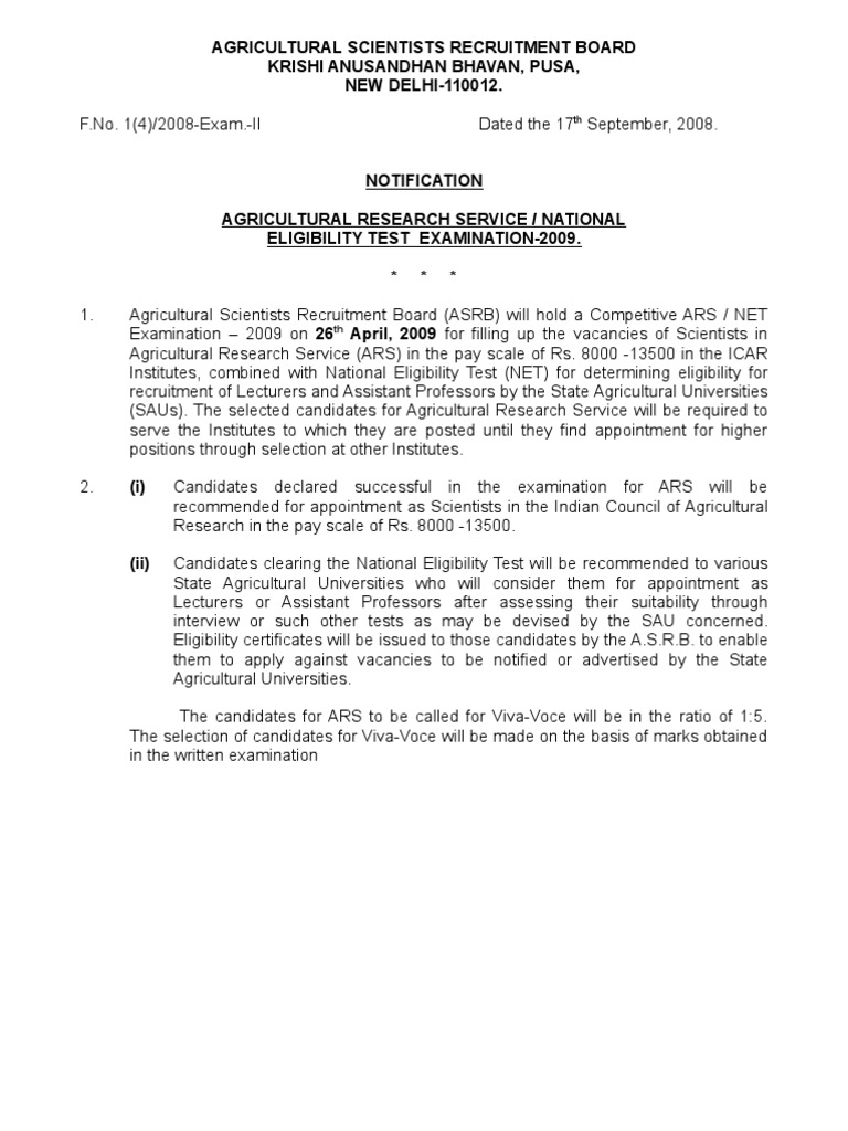 ARS NET Examination 2009 (ICAR), Notification | PDF | University And ...