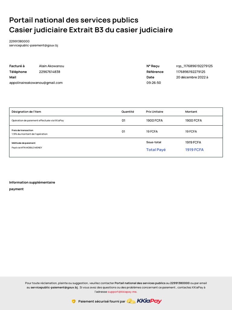 Facture KkiaPay 1176896192279125 | PDF