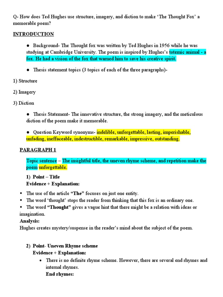 Ted Hughes' 'The Thought Fox' Analysis | PDF | Poetry | Metaphor