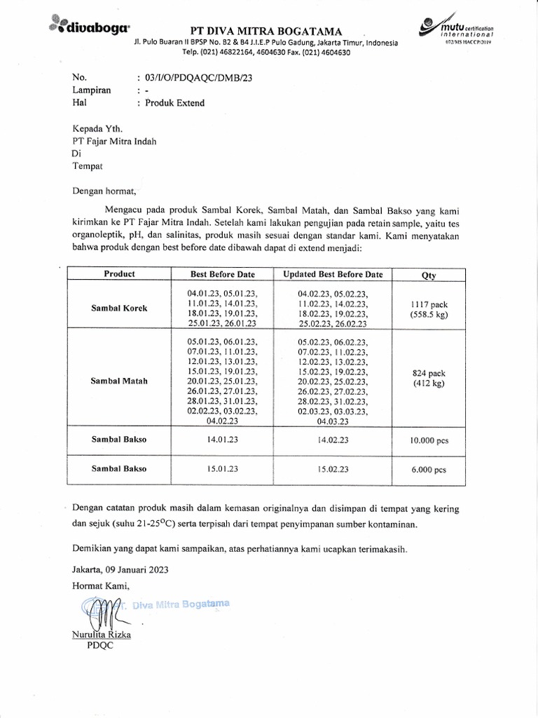 Surat Extend Sambal Korek Matah Dan Bakso - PT Fajar Mitra Indah | PDF
