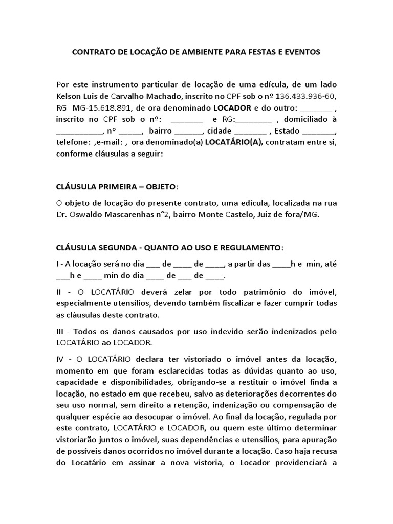 Contrato de locação de espaço para eventos com detalhamento completo de ...