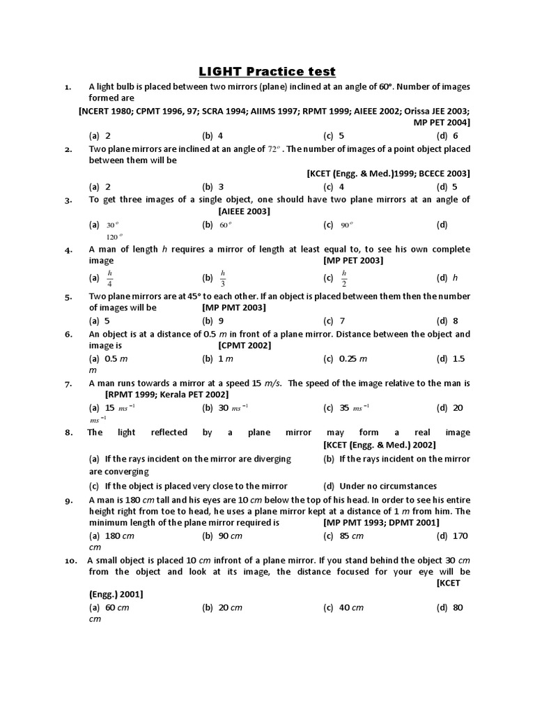 LIGHT Practice Test | PDF | Mirror | Equipment
