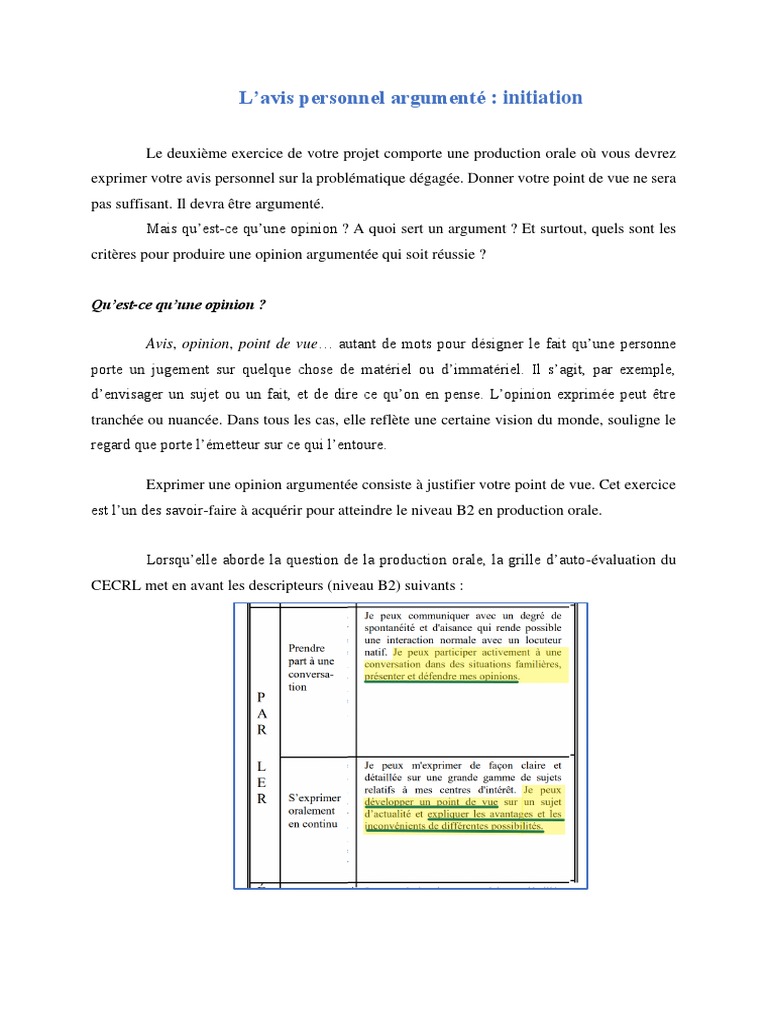 Avis personnel argumenté : guide pratique | PDF | Discours ...