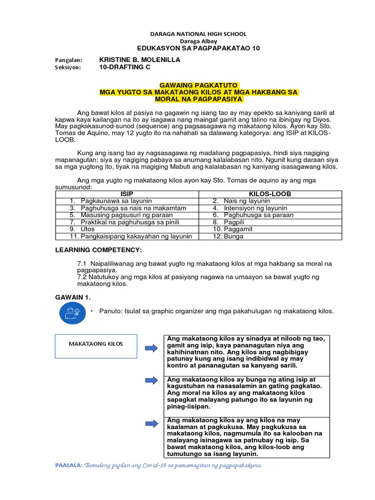 Learning Activity Sheet 7.1 7.2 Yugto NG Makataong Kilos | PDF