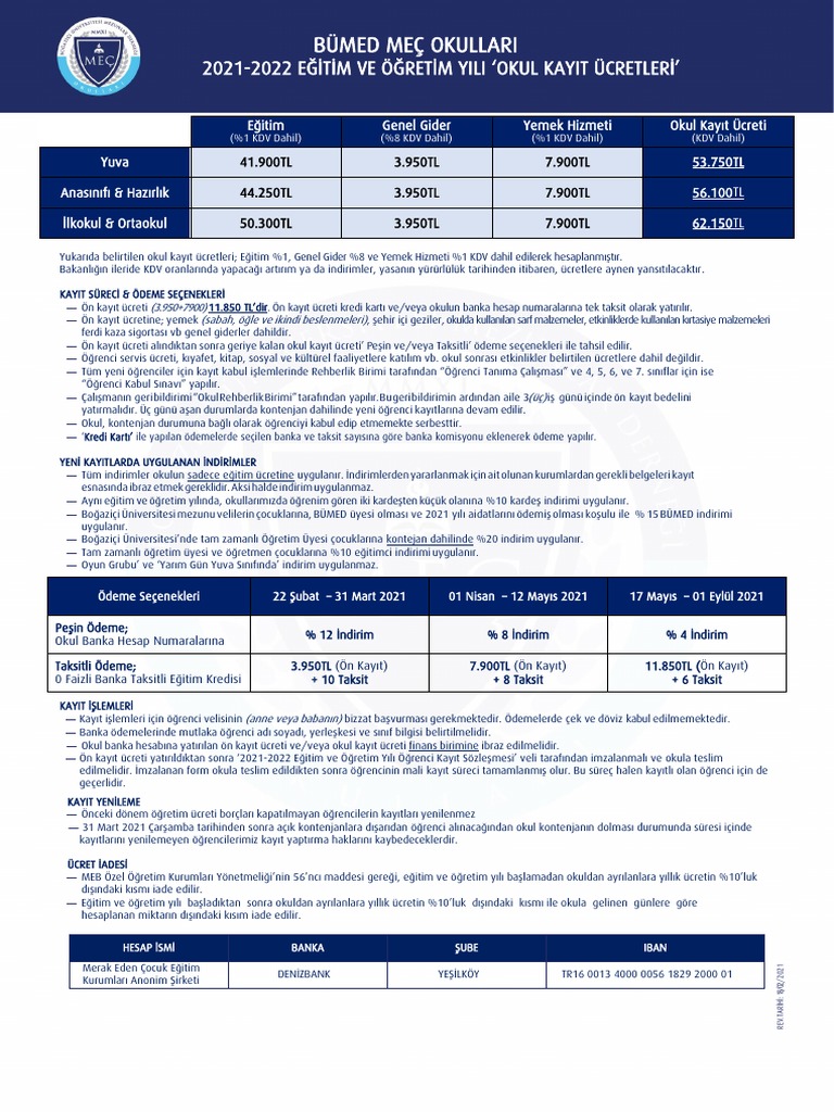 2021 2022 BUMED MEC Okullla Ri Okul Kayit Ücretleri | PDF