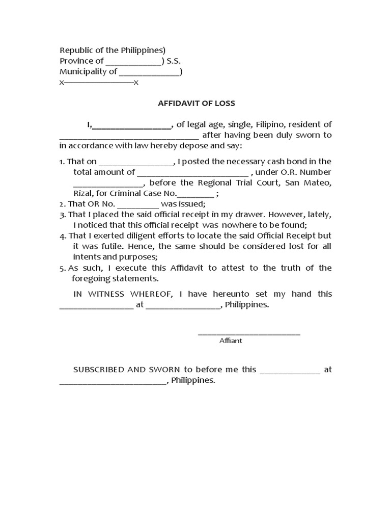 Affidavit of Loss for Cash Bond | PDF