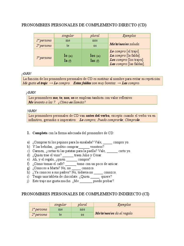 Pronombres de Complemento Directo e Indirecto | PDF | Verbo | Sintaxis