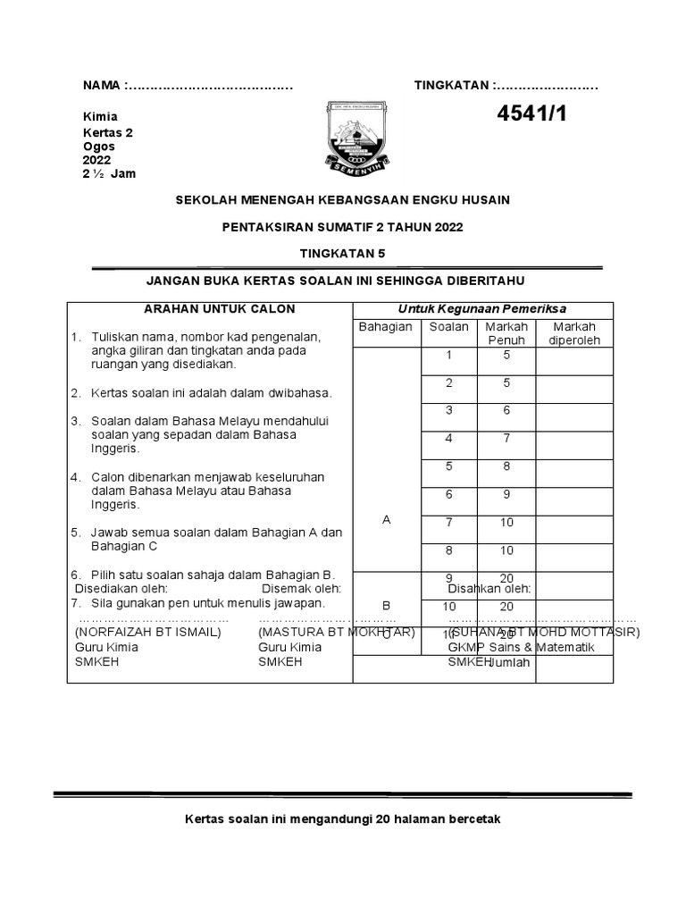 Cover Soalan Kimia Kertas 2 | PDF
